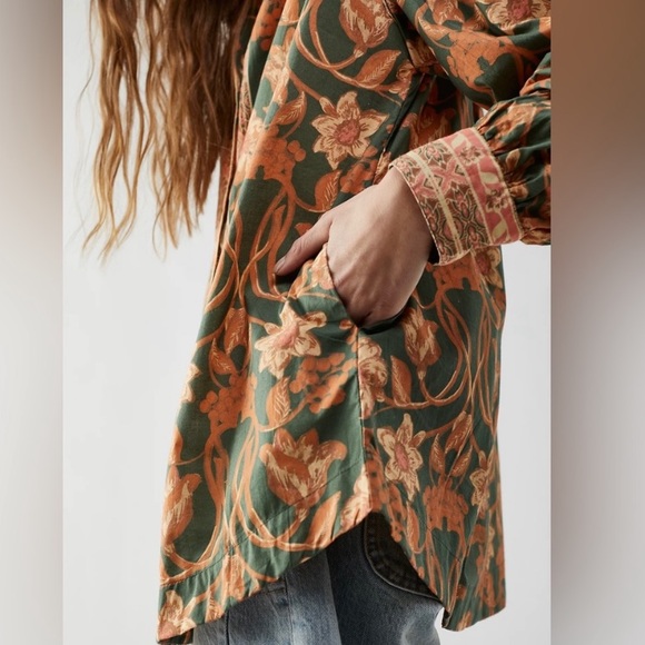 Tops | Free People Floral Garden Tunic Green Orange Button New Without ...